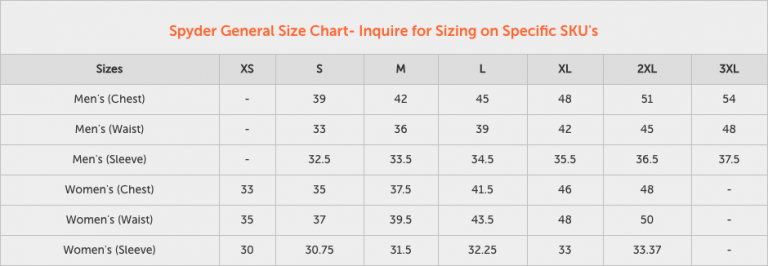 spyder-general-size-chart - StrataTech